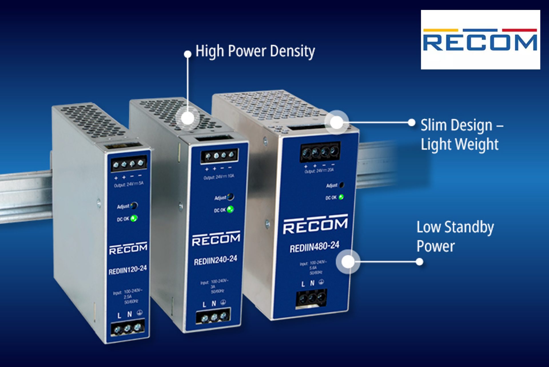 RECOMs new AC/DC Din Rails in Slim Design